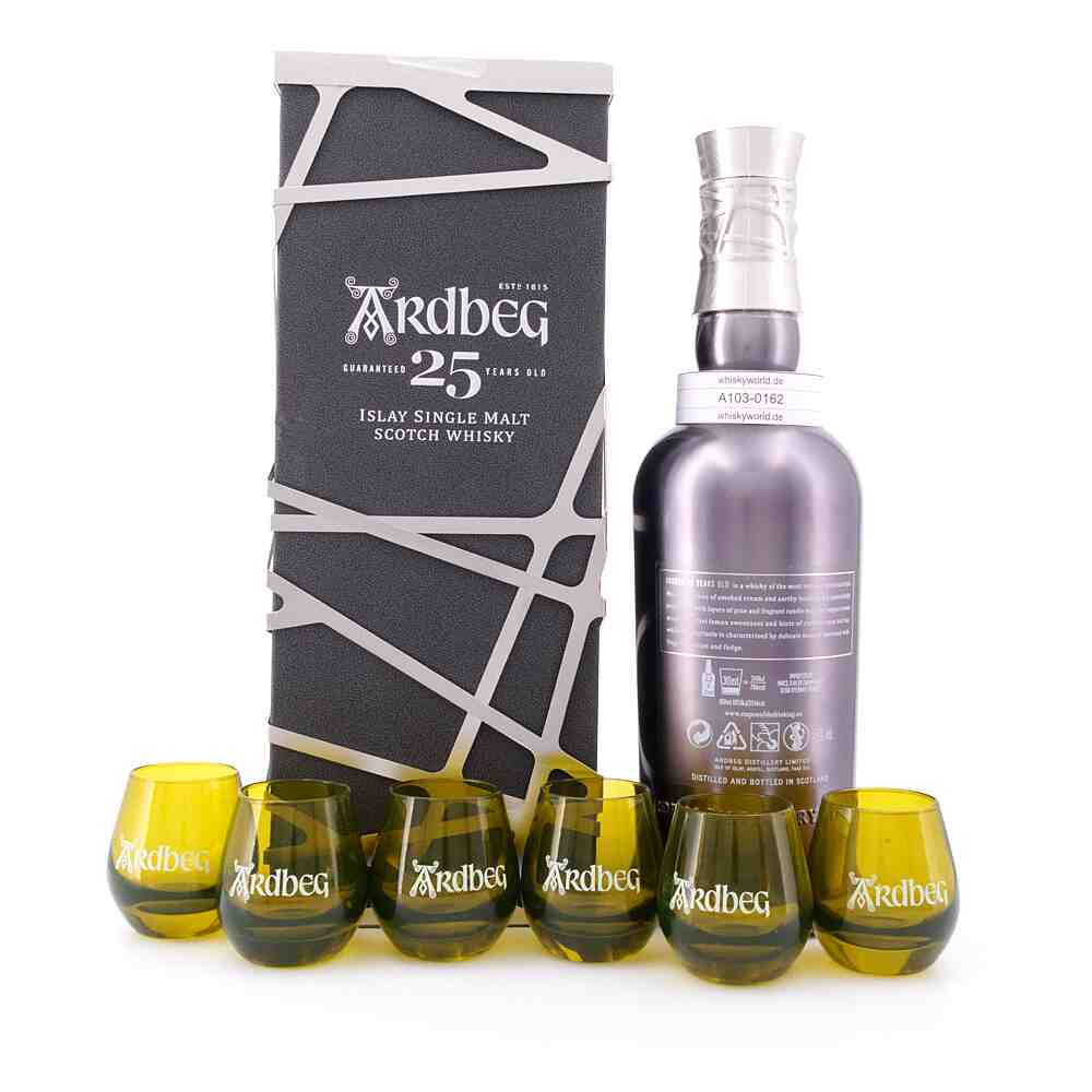 Ardbeg 25 Jahre Abfüllung 2022 mit 6 Stck Ardbeg Shortie Gläser 0,70 ...